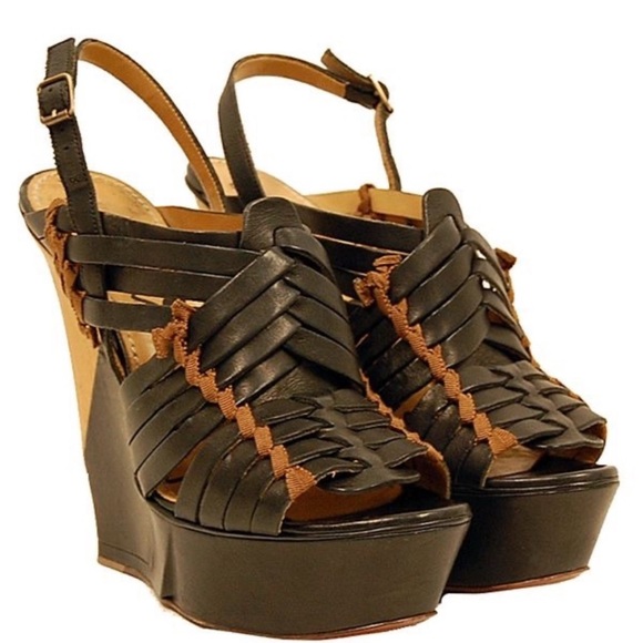 Lanvin | Shoes | Lanvin Halter Black Leatherhuarache Sliced Wedge ...